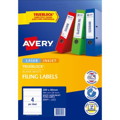 Filing Labels Avery L7171 Trueblock 4UP Laser & Inkjet 60x200mm Pack of ...